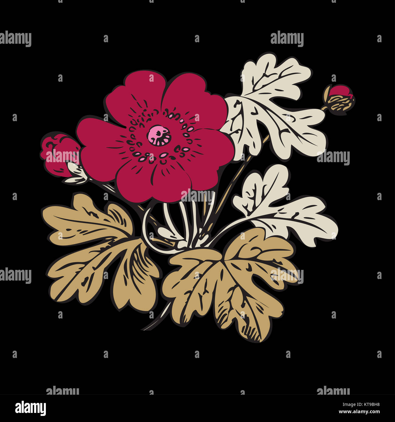 Floral bush retro on black background vector, hand drawn decorat Stock ...