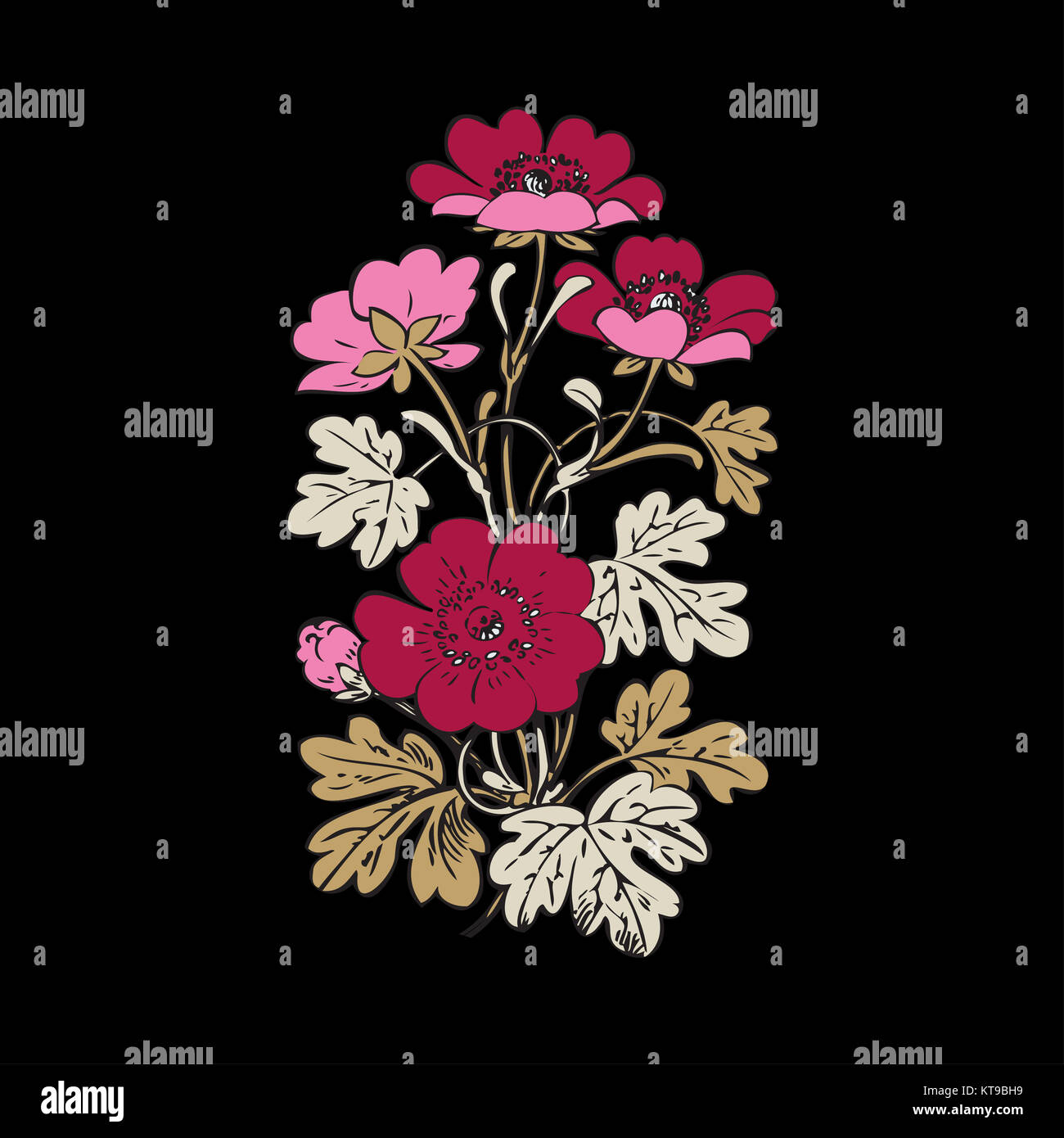 Floral bush retro on black background vector, hand drawn decorat Stock ...