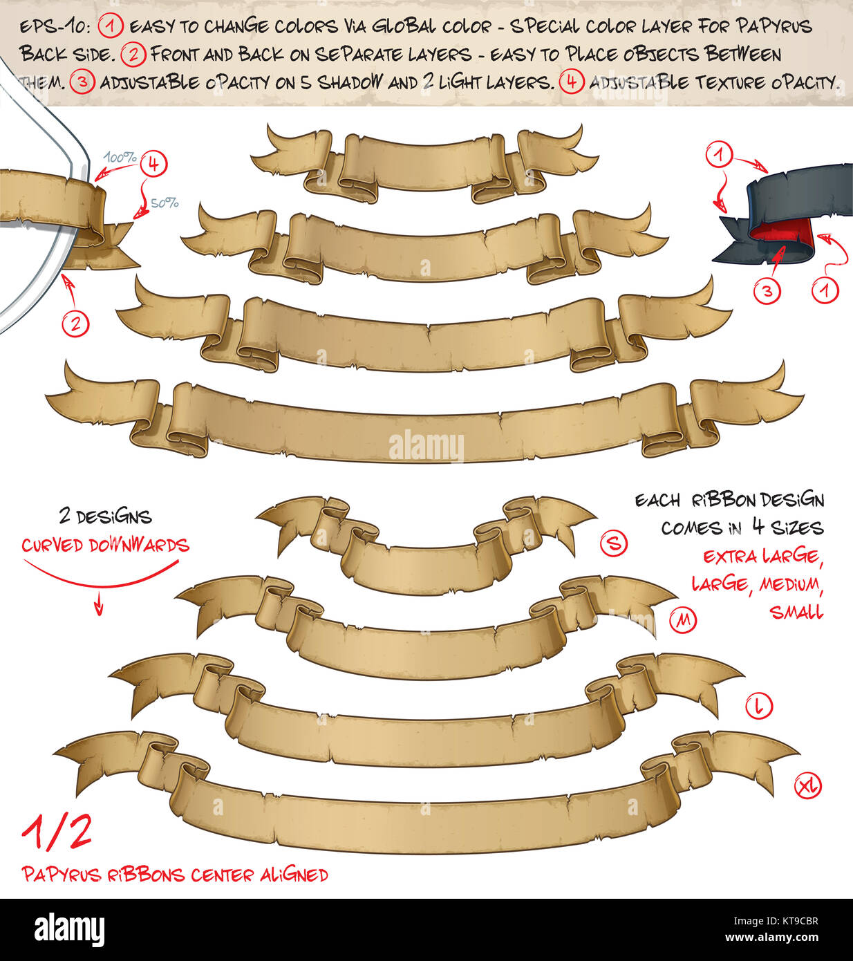 Papyrus Ribbons Curved Downwards â€“ Two Designs by Four Sizes Stock ...