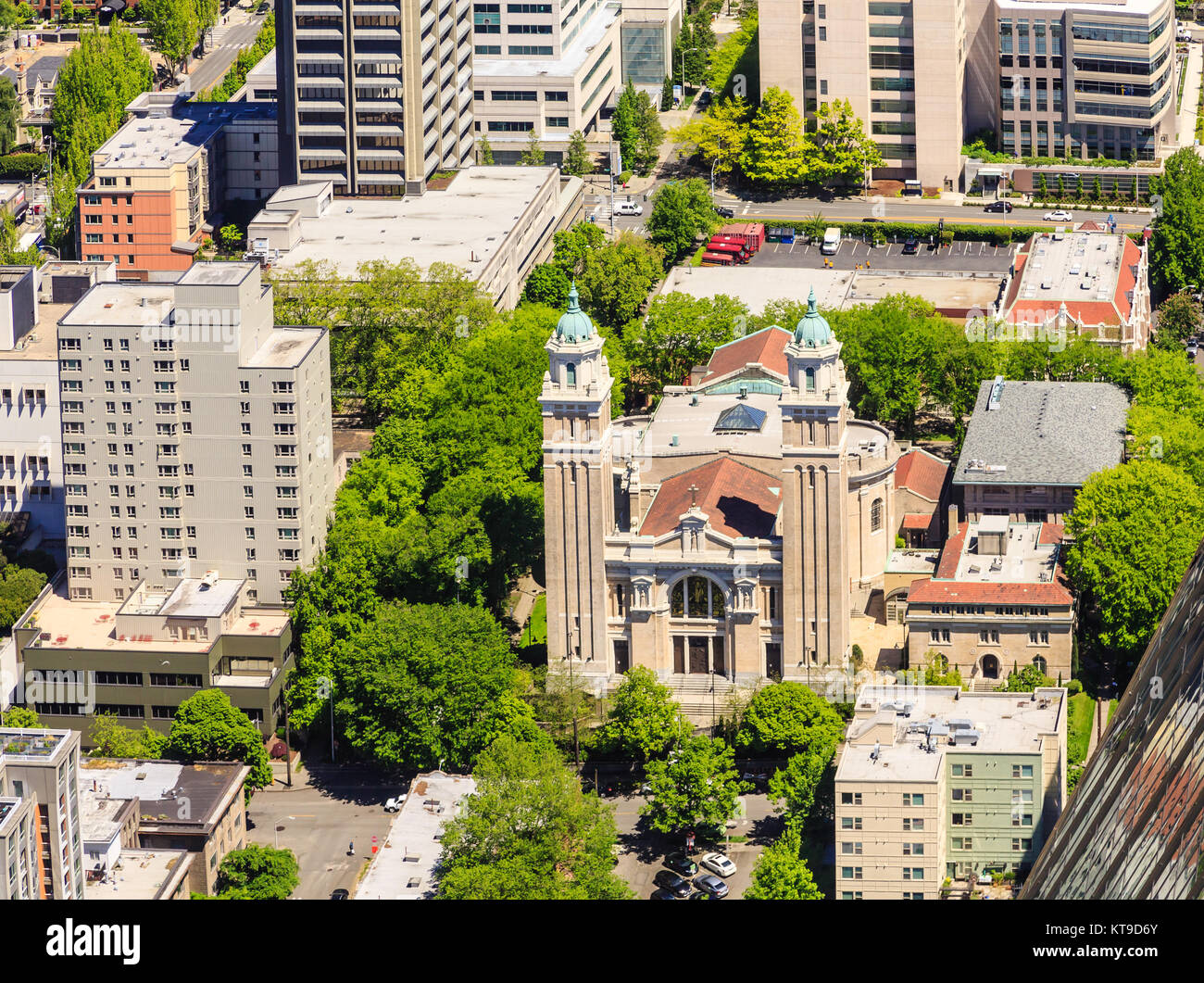 View of Saint James Cathedral in Seattle, Washington from Above Stock ...