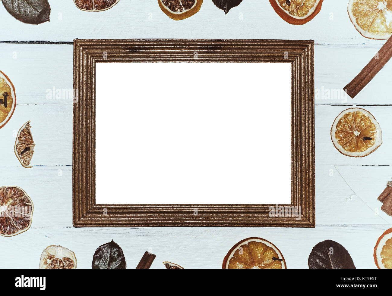 Empty wooden frame on a white wooden surface Stock Photo - Alamy