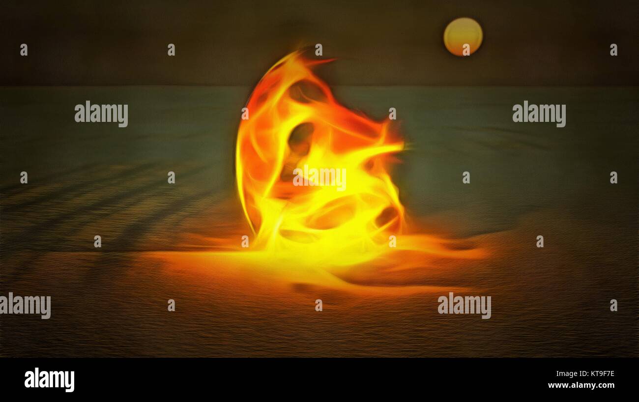 Surrealism. Mystic fire in a desert Stock Photo - Alamy