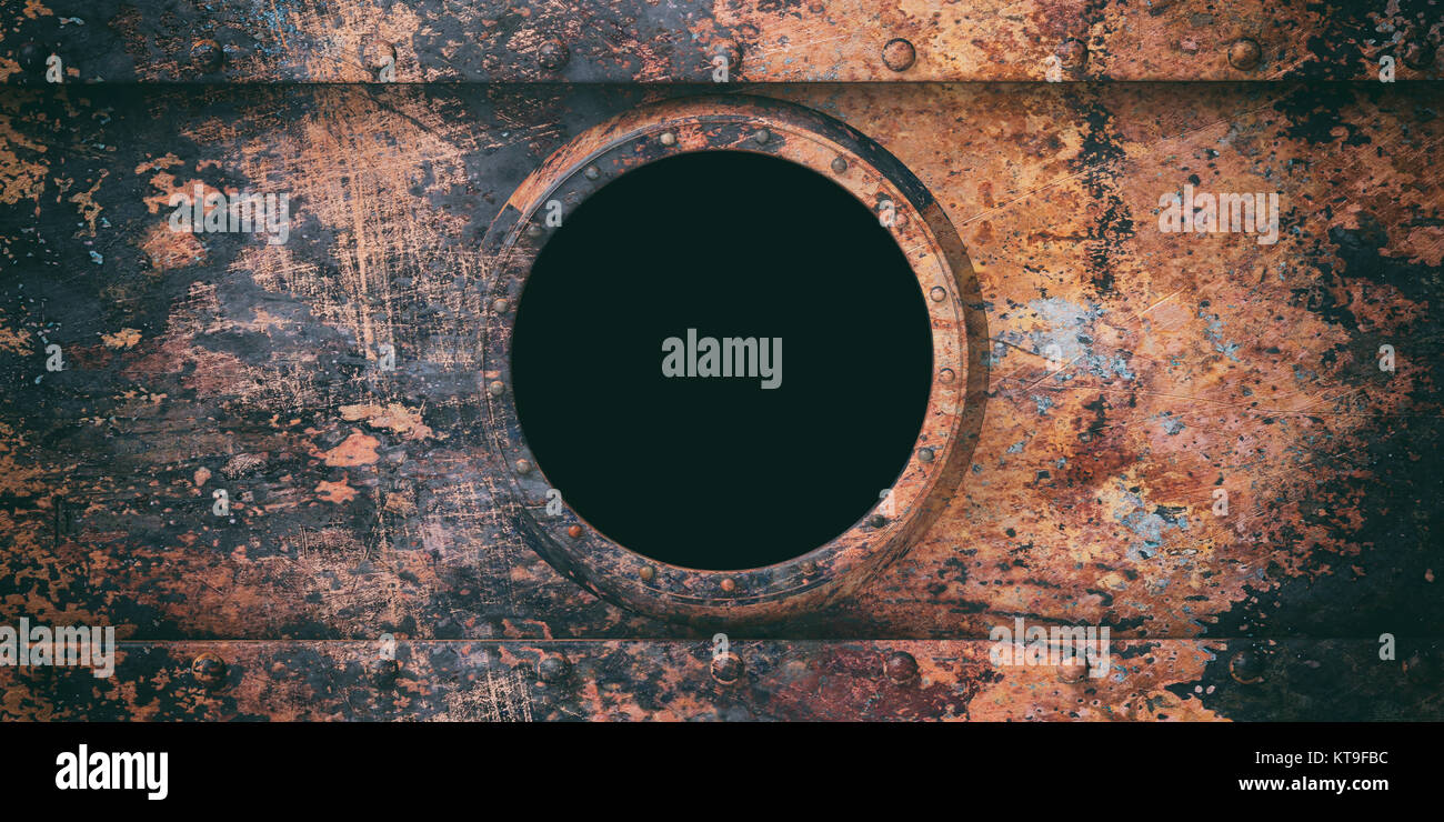 Rusty submarine porthole metal background, banner. 3d illustration ...