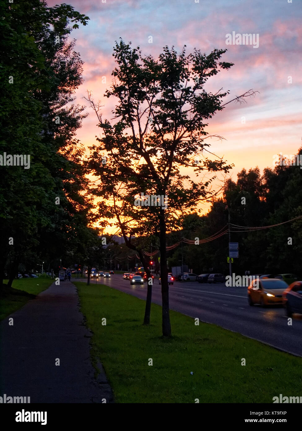 Colorful sunset evening in the summer in Moscow South-Western district ...