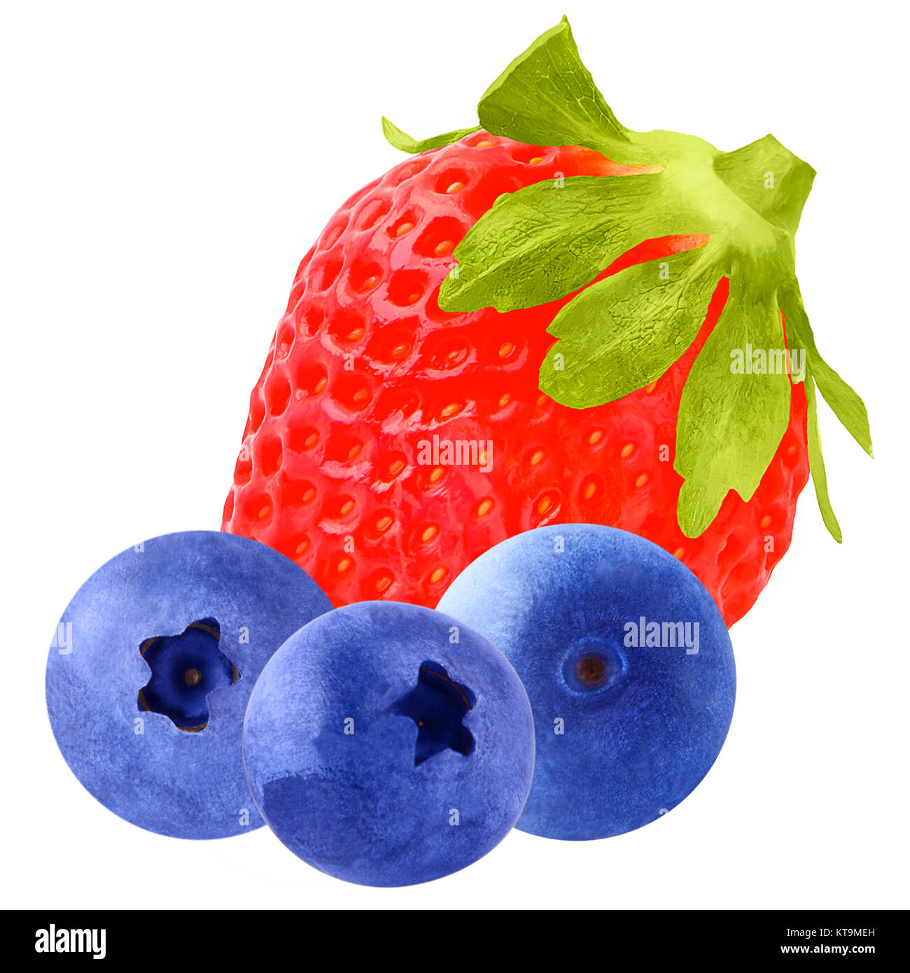 Three blueberries and one Strawberry isolated on white background with ...