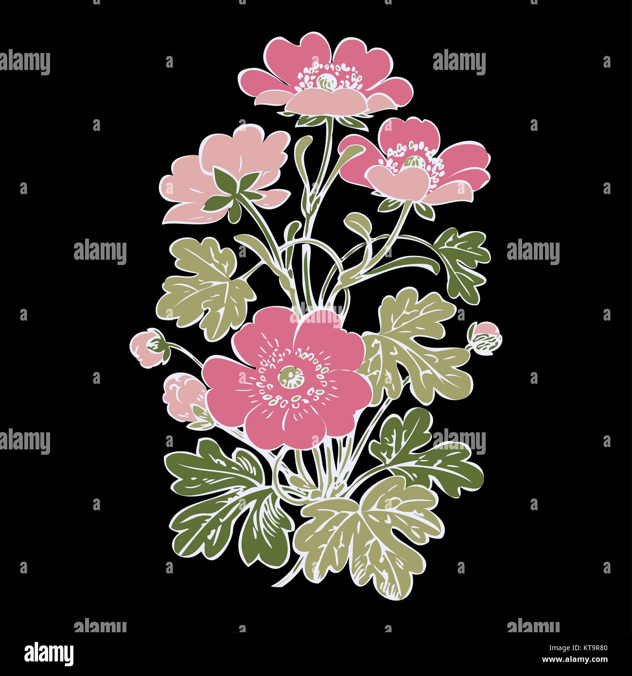 Floral bush retro on black background vector, hand drawn decorat Stock ...