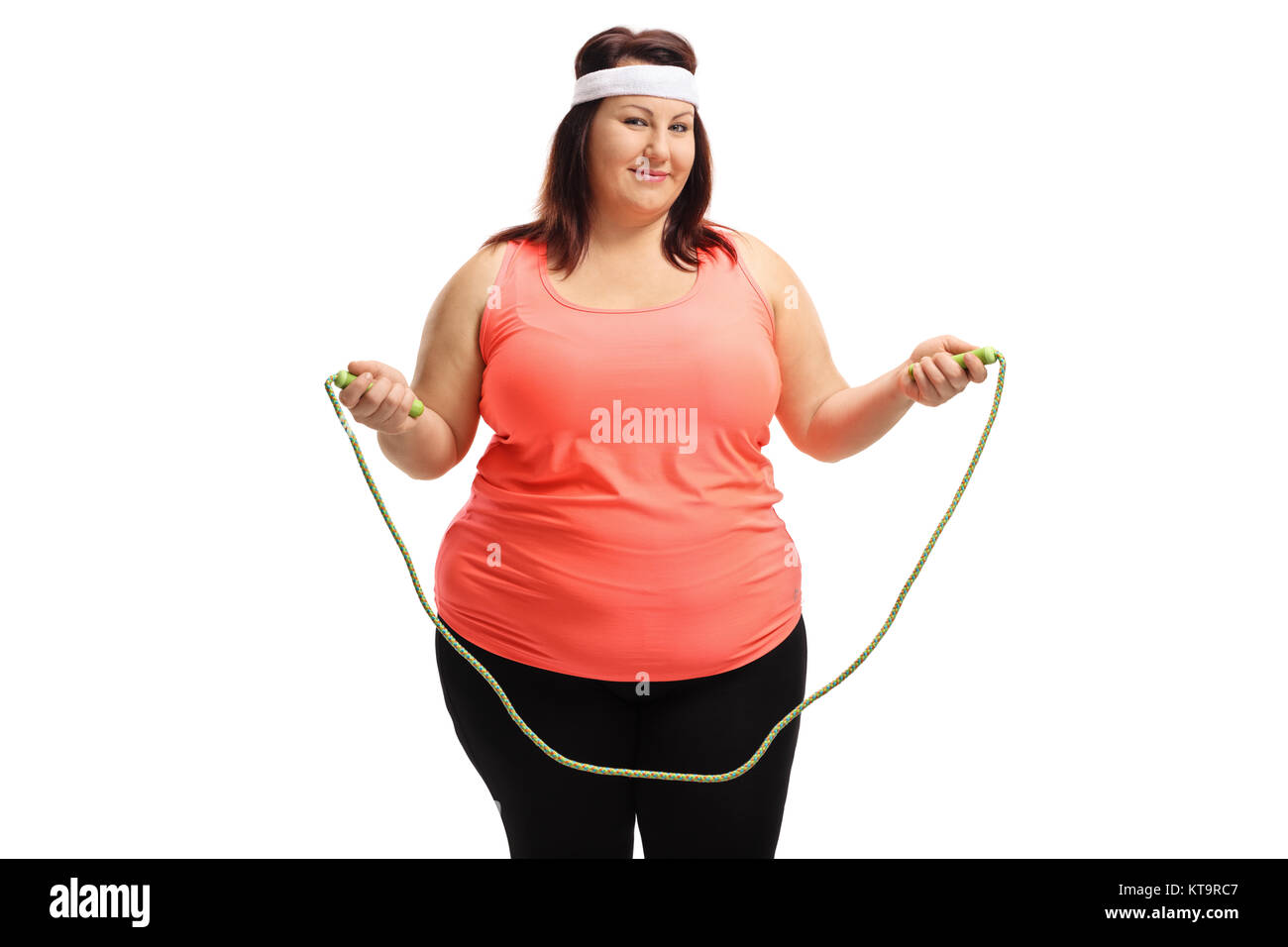Overweight woman holding a jumping rope isolated on white background ...