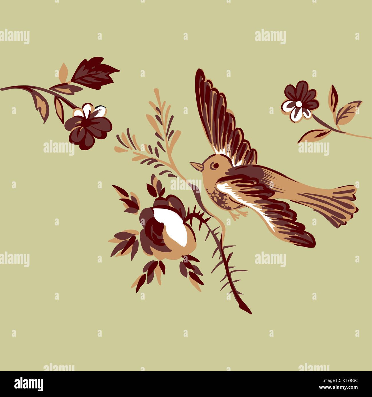 Flying bird with branch of a rose isolated on beige, diagonal e Stock ...