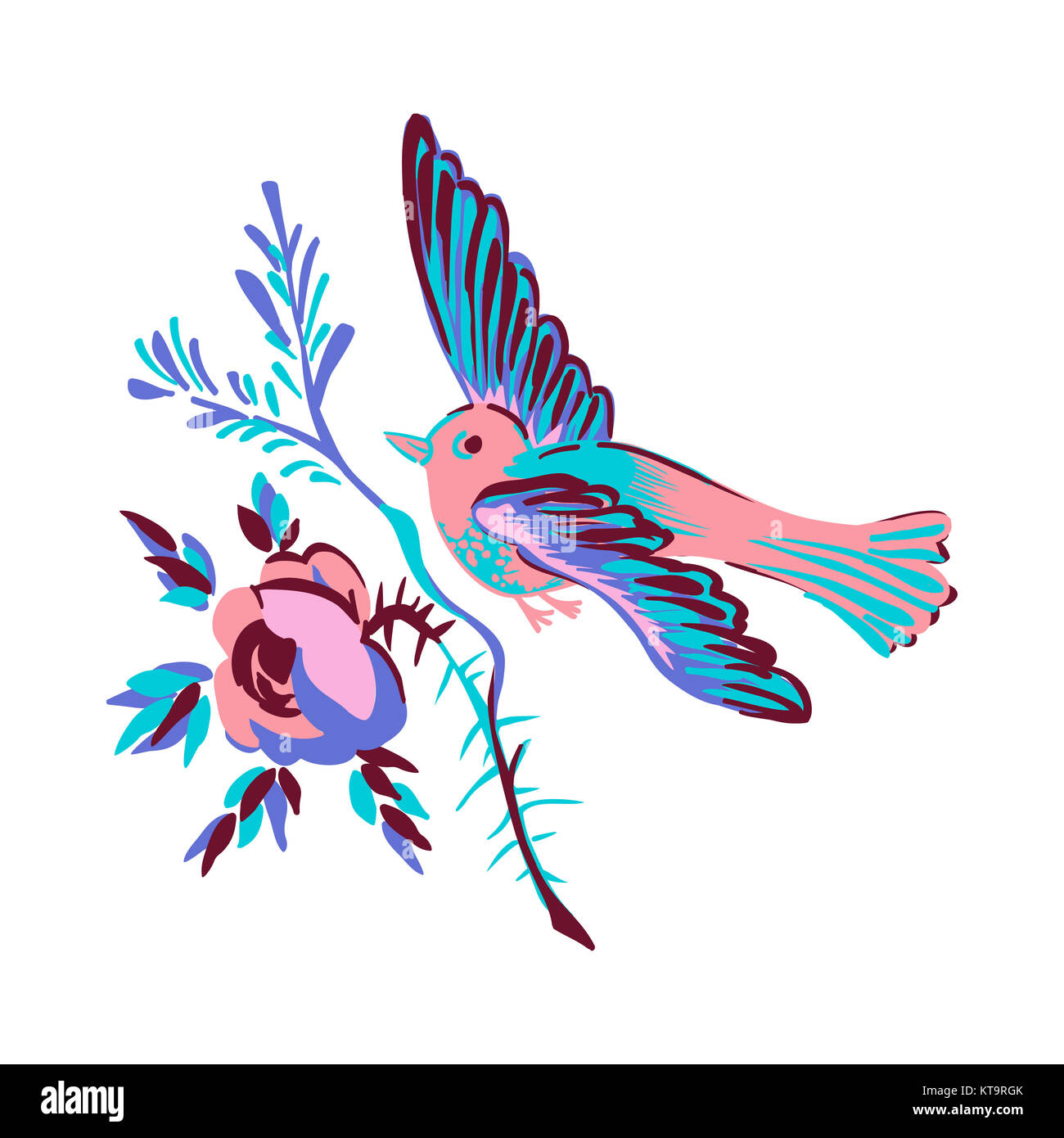 Flying bird with branch of a rose isolated on white, diagonal el Stock ...