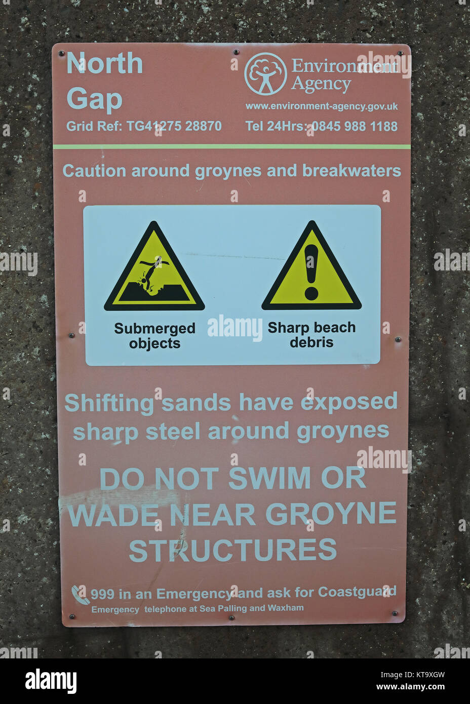 warning sign for coastal sea defences Eccles-on-Sea, Norfolk, UK ...