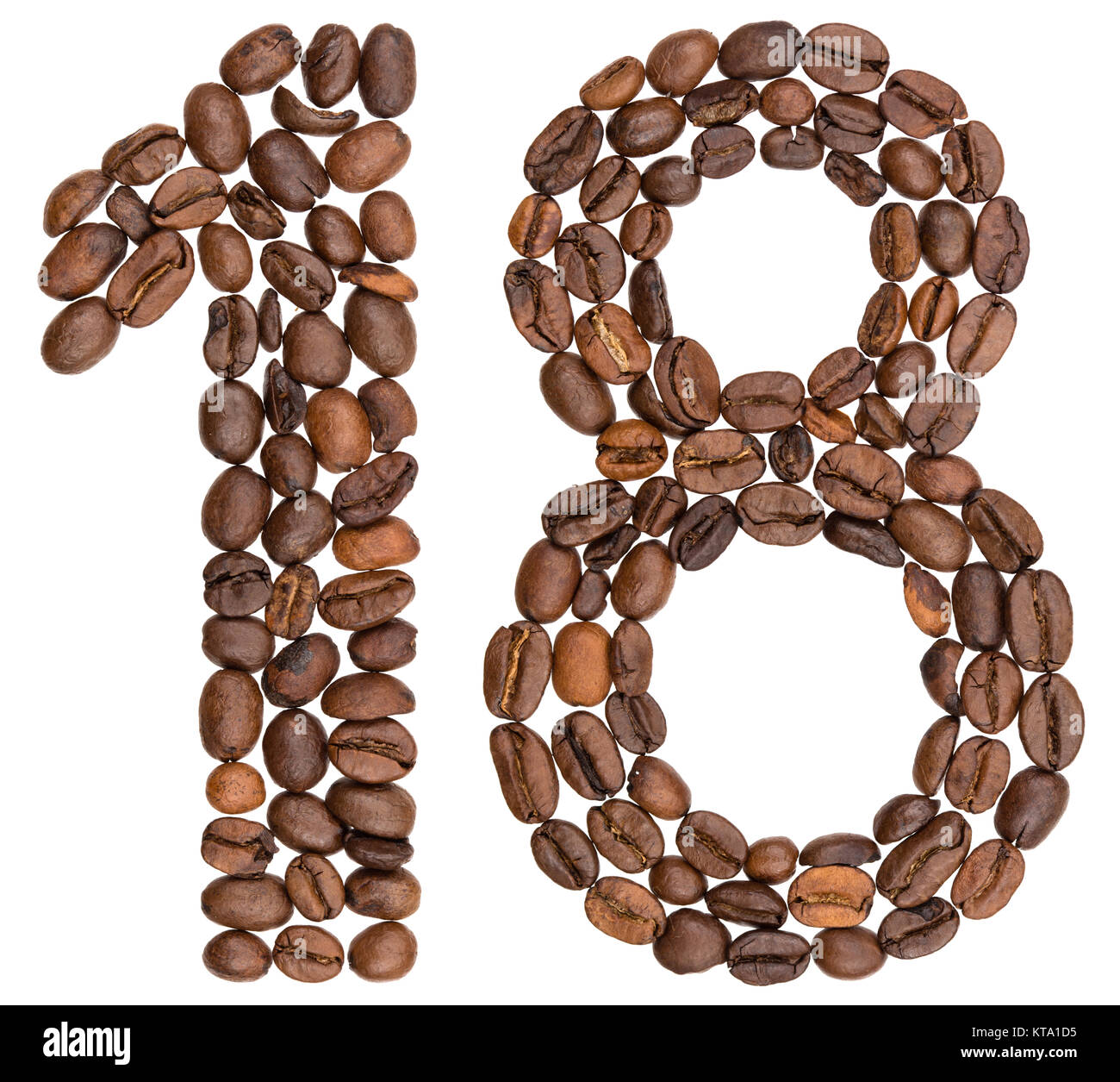 Arabic numeral 18, eighteen, from coffee beans, isolated on white ...
