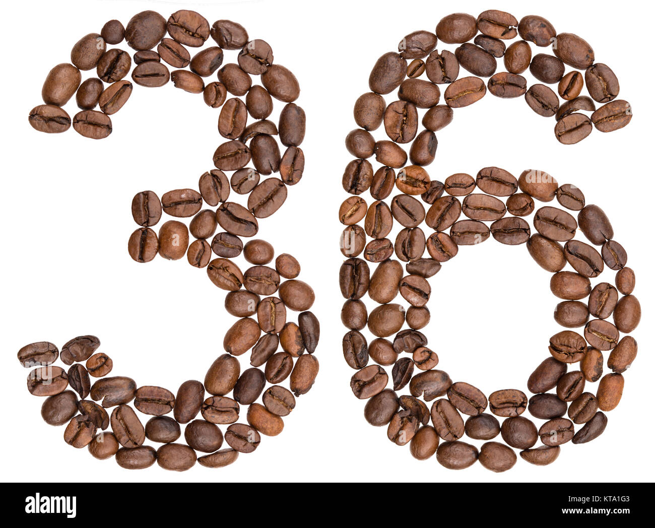 Arabic numeral 36, thirty six, from coffee beans, isolated on white ...