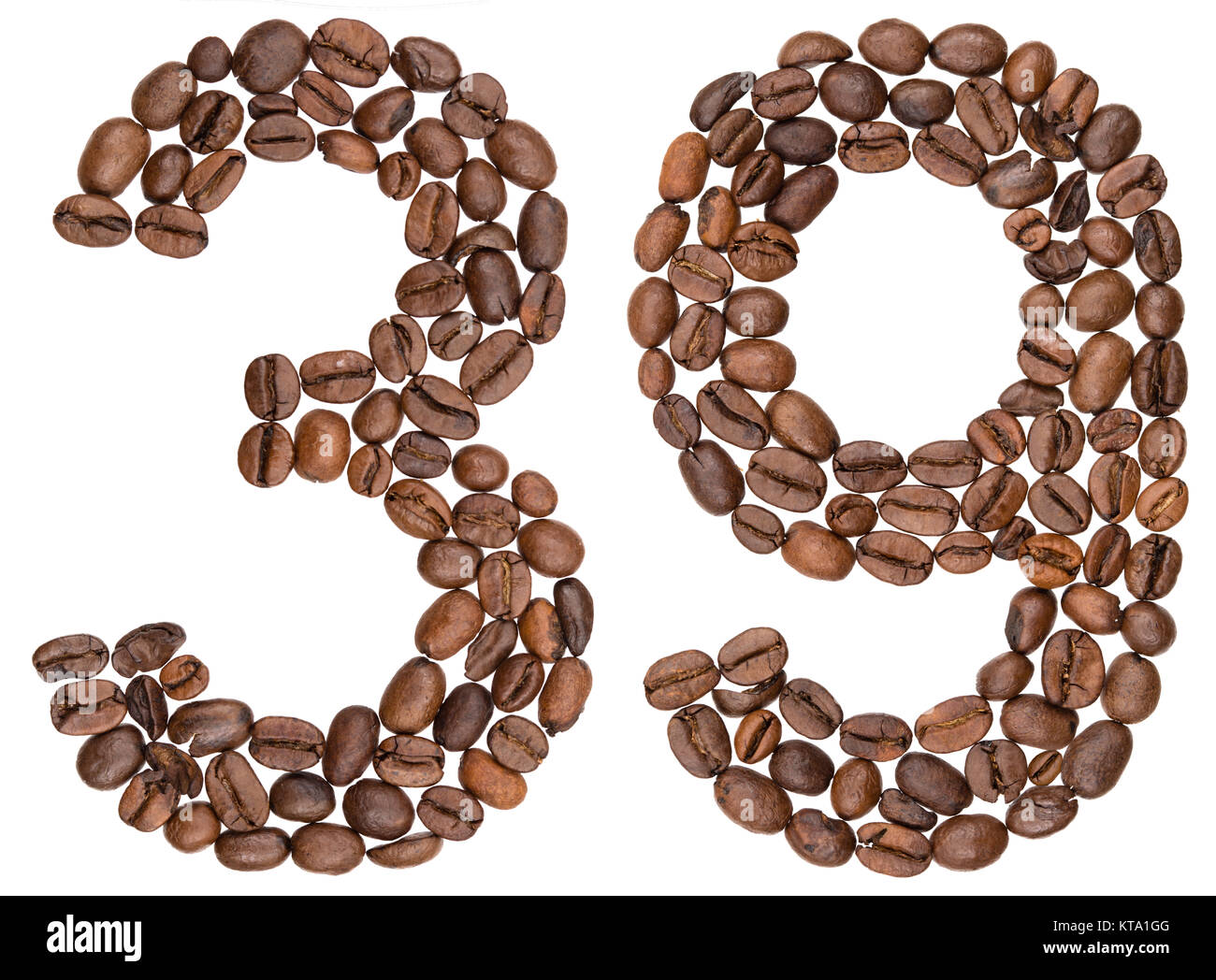 Arabic numeral 39, thirty nine, from coffee beans, isolated on white ...