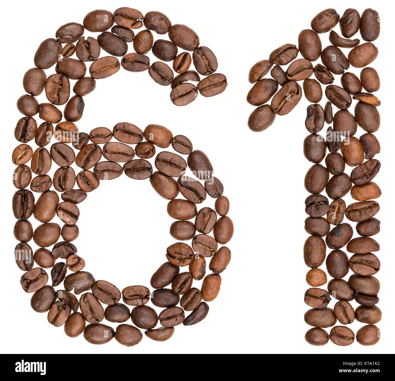 Arabic numeral 61, sixty one, from coffee beans, isolated on white ...