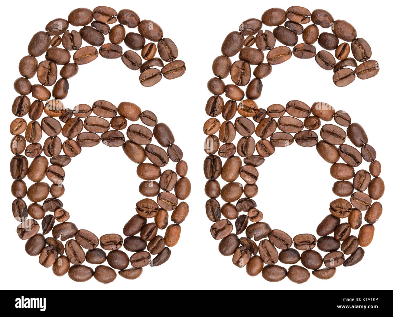 Arabic numeral 66, sixty six, from coffee beans, isolated on white ...