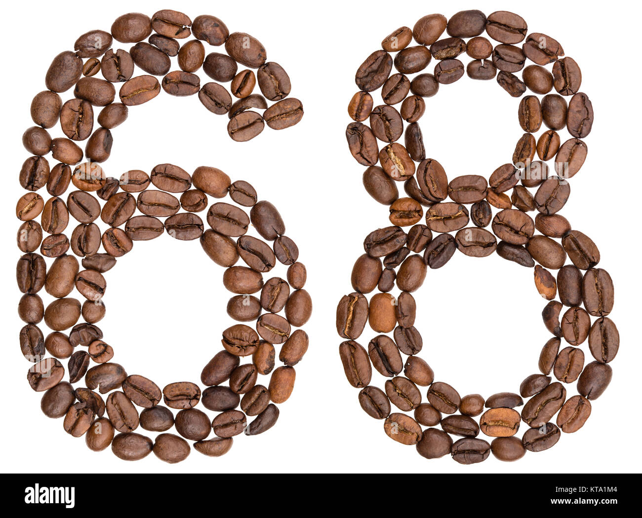 Arabic numeral 68, sixty eight, from coffee beans, isolated on white ...