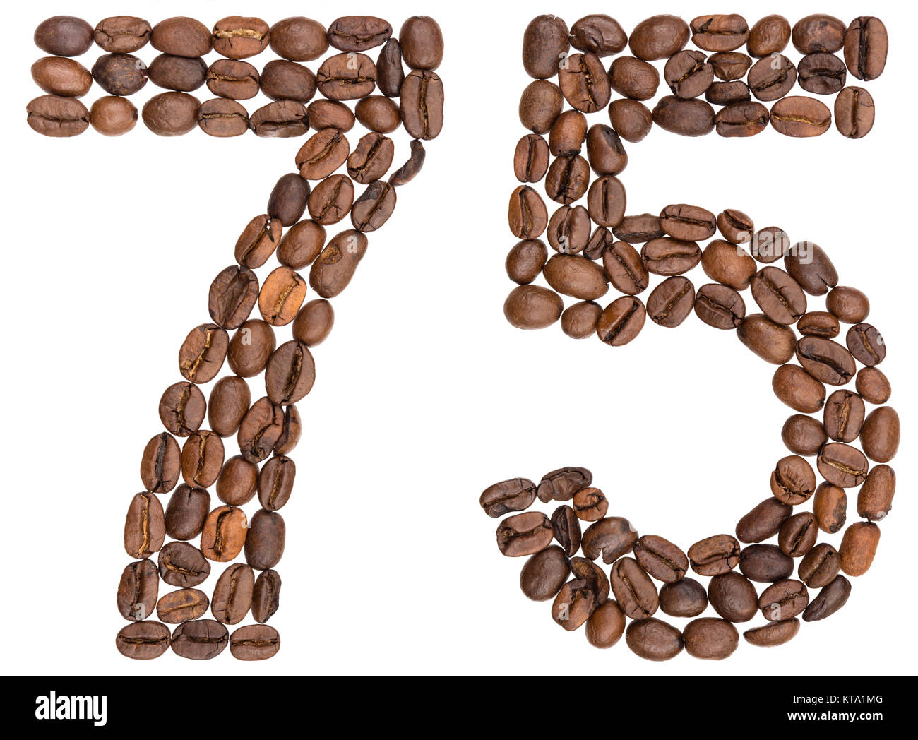 Arabic numeral 75, seventy five, from coffee beans, isolated on white ...