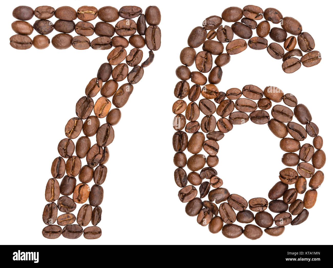 Arabic numeral 76, seventy six, from coffee beans, isolated on white ...