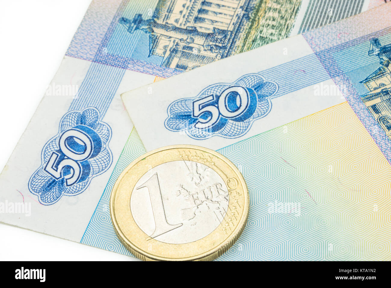 russian ruble banknote and one euro laying on white background Stock ...