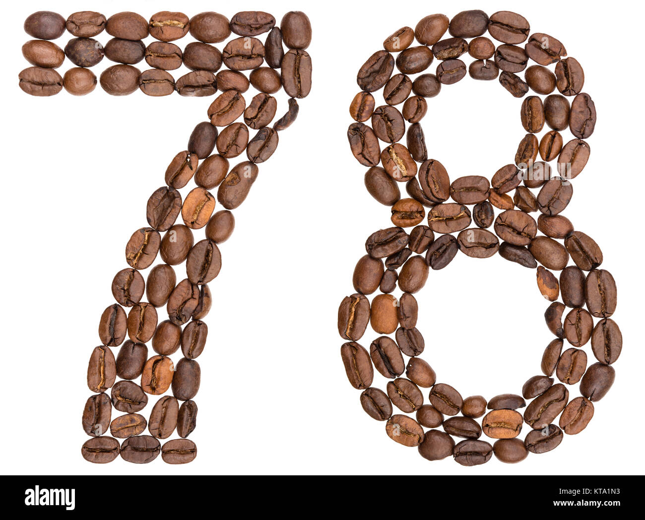 Arabic numeral 78, seventy eight, from coffee beans, isolated on white ...