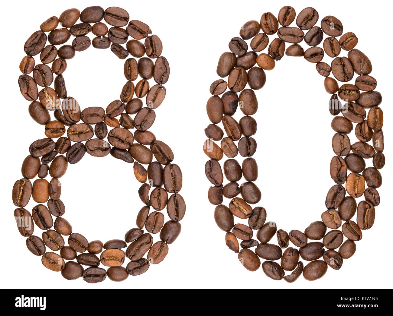 Arabic numeral 80, eighty, from coffee beans, isolated on white ...