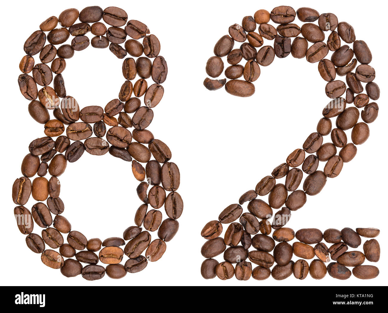 Arabic numeral 82, eighty two, from coffee beans, isolated on white ...