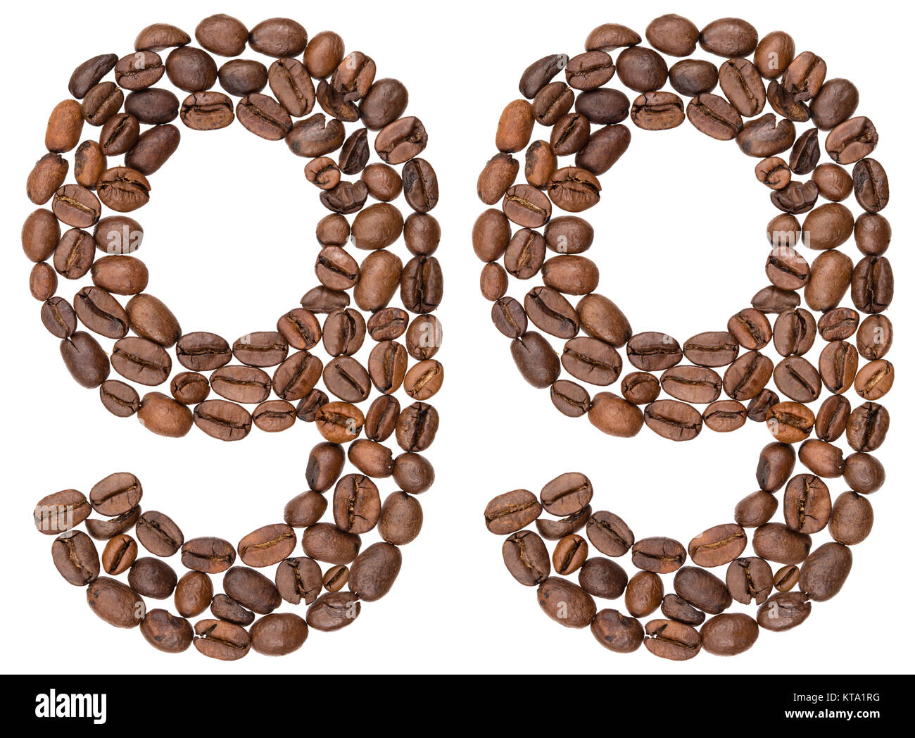 Arabic numeral 99, ninety nine, from coffee beans, isolated on white ...