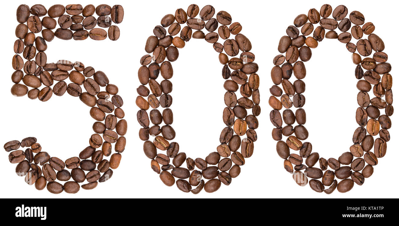 Arabic numeral 500, five hundred, from coffee beans, isolated on white ...