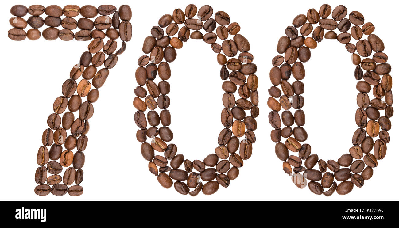 Arabic numeral 700, seven hundred, from coffee beans, isolated on white ...