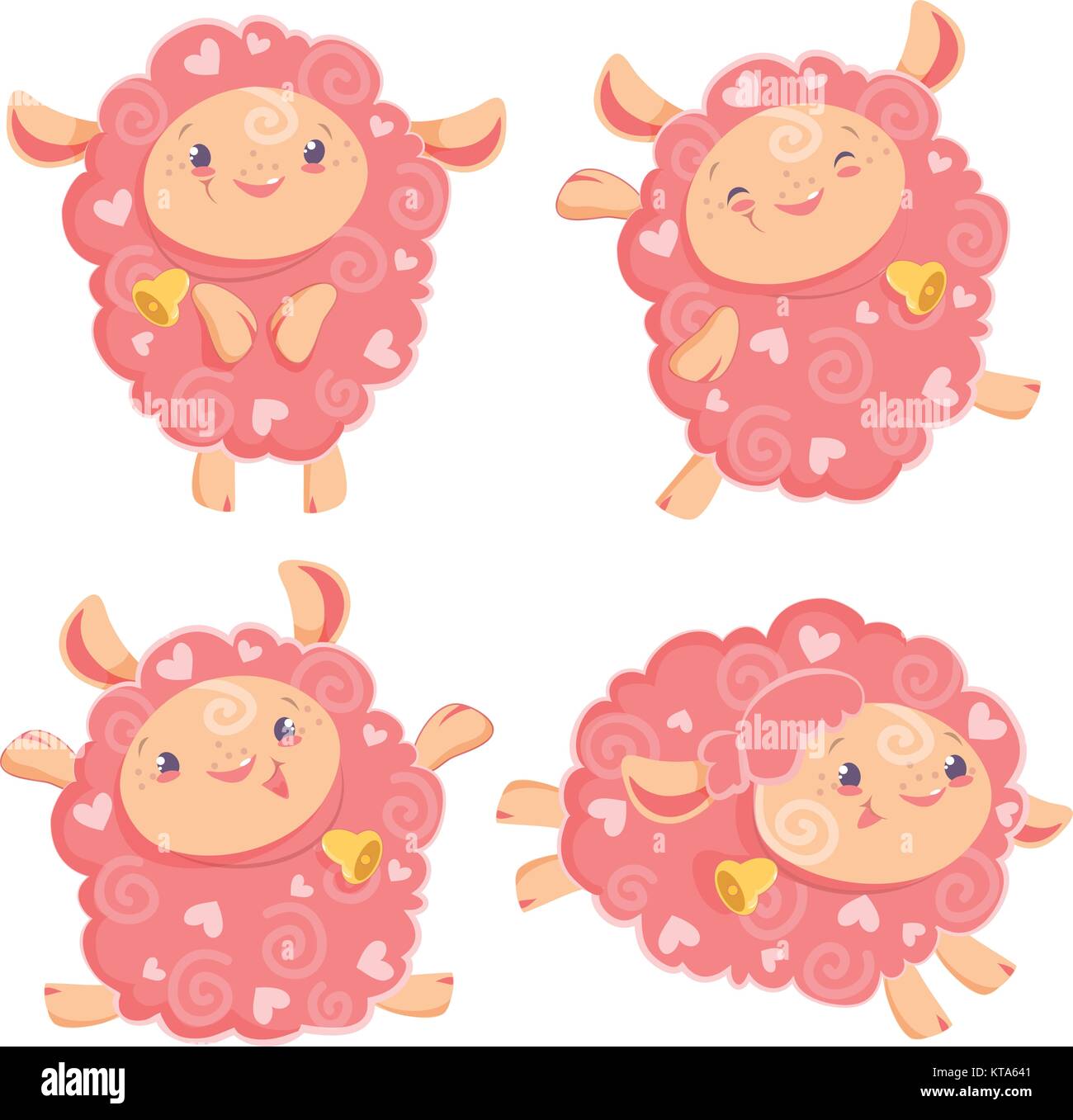 Vector illustration clipart set of cute funny pink girl sheep dancing ...