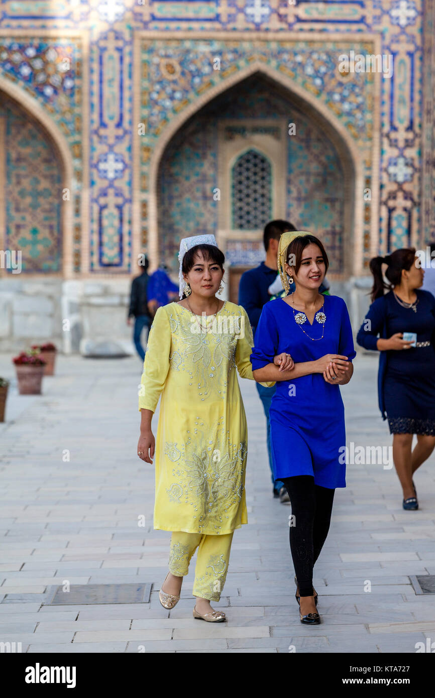 Two Young Uzbek Women In Traditional Costume, The Registan, Samarkand ...