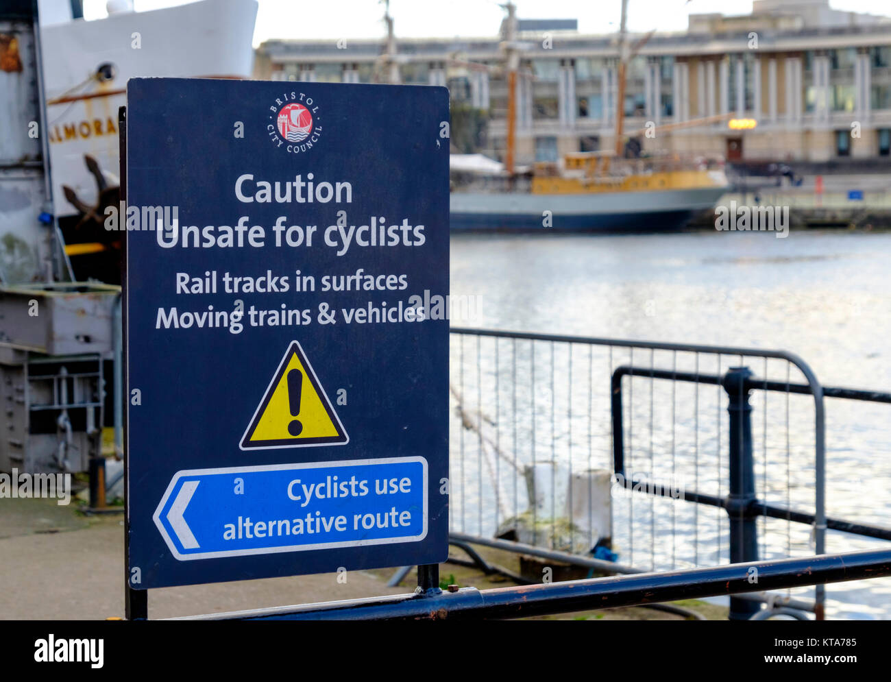 Cycling safety sign on Bristol Harbourside Bristol England UK Stock ...