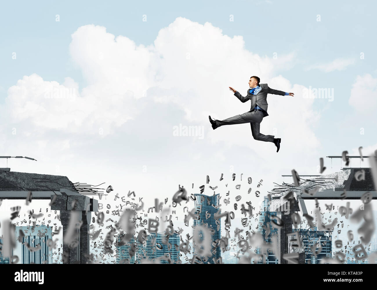 Businessman jumping over gap with flying letters in concrete bridge as ...