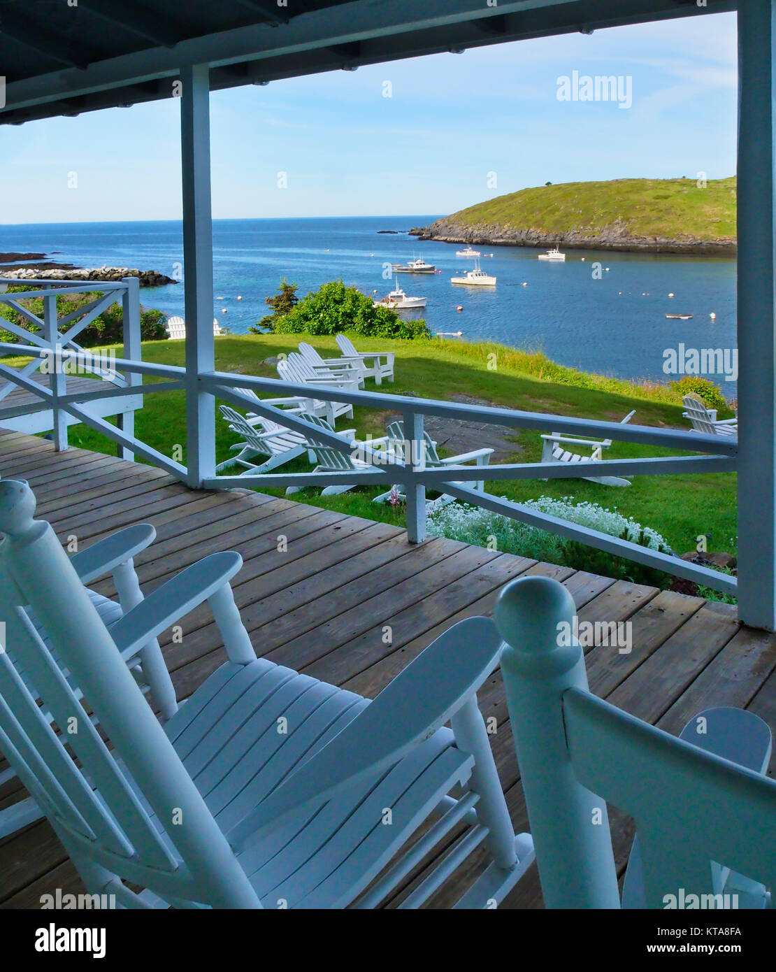 The Island Inn Porch and Monhegan Harbor, Monhegan Island, Maine, USA ...
