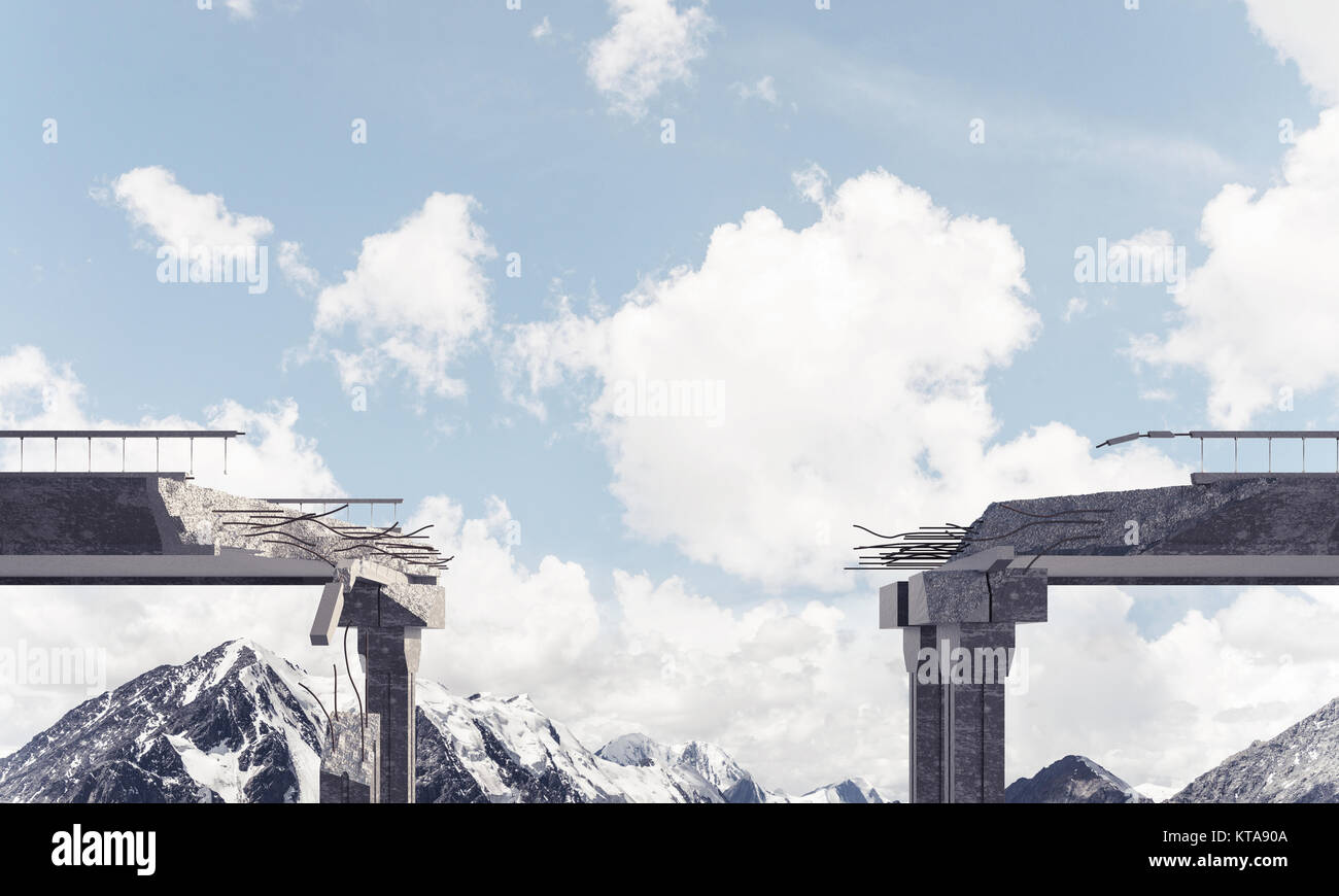 Broken concrete bridge with beautiful nature landscape, high mountains ...