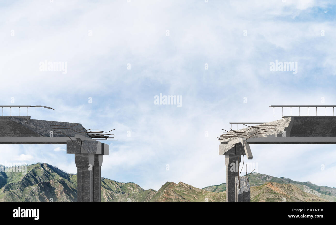 Broken concrete bridge with beautiful nature landscape, high mountains ...