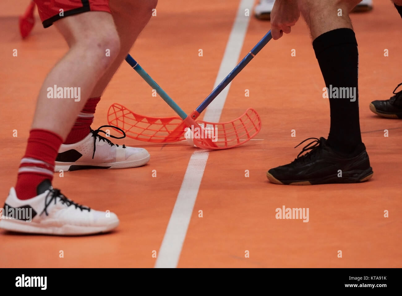 Close up view of start of a match showing two players with their sticks ...