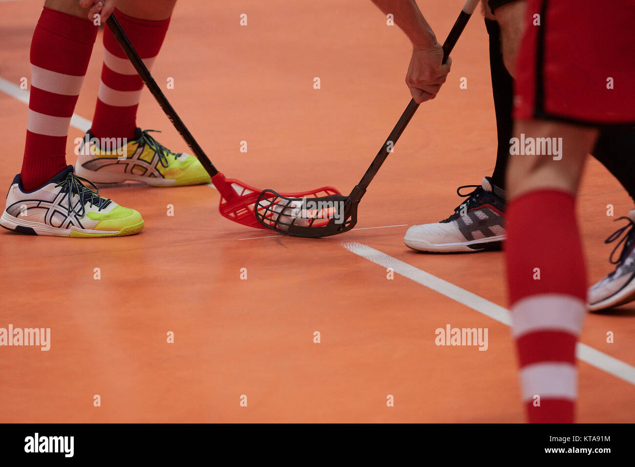 Close up view of start of a match showing two players with their sticks ...