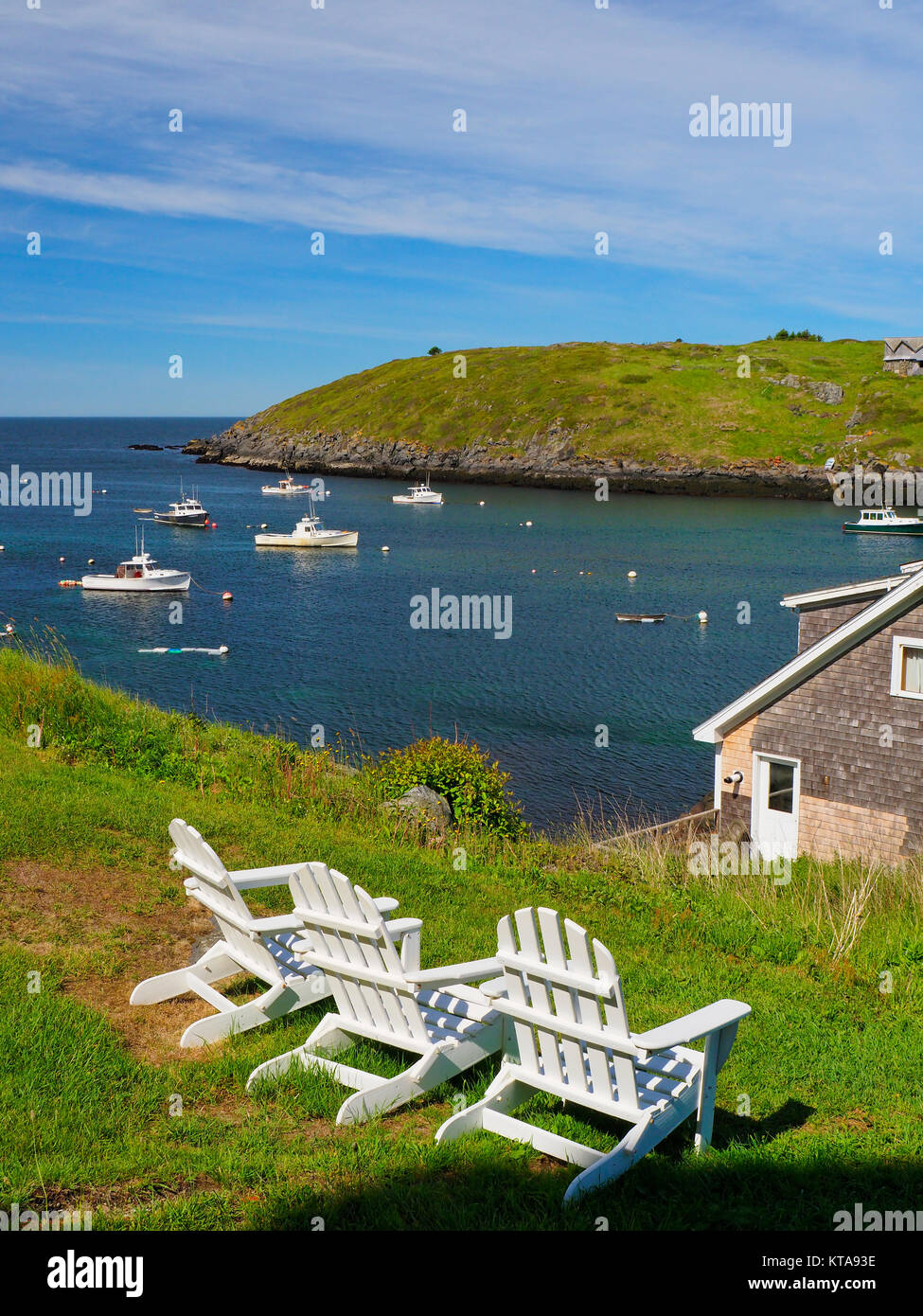 The Island Inn Lawn and Monhegan Harbor, Monhegan Island, Maine, USA ...