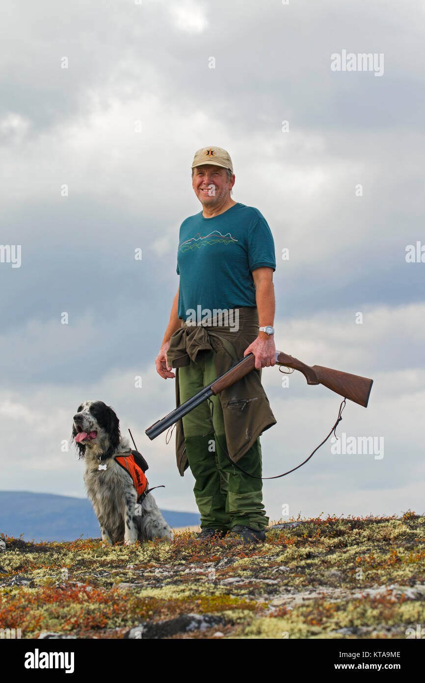 Norwegian hunter with shotgun and English Setter dog hunting grouse on ...