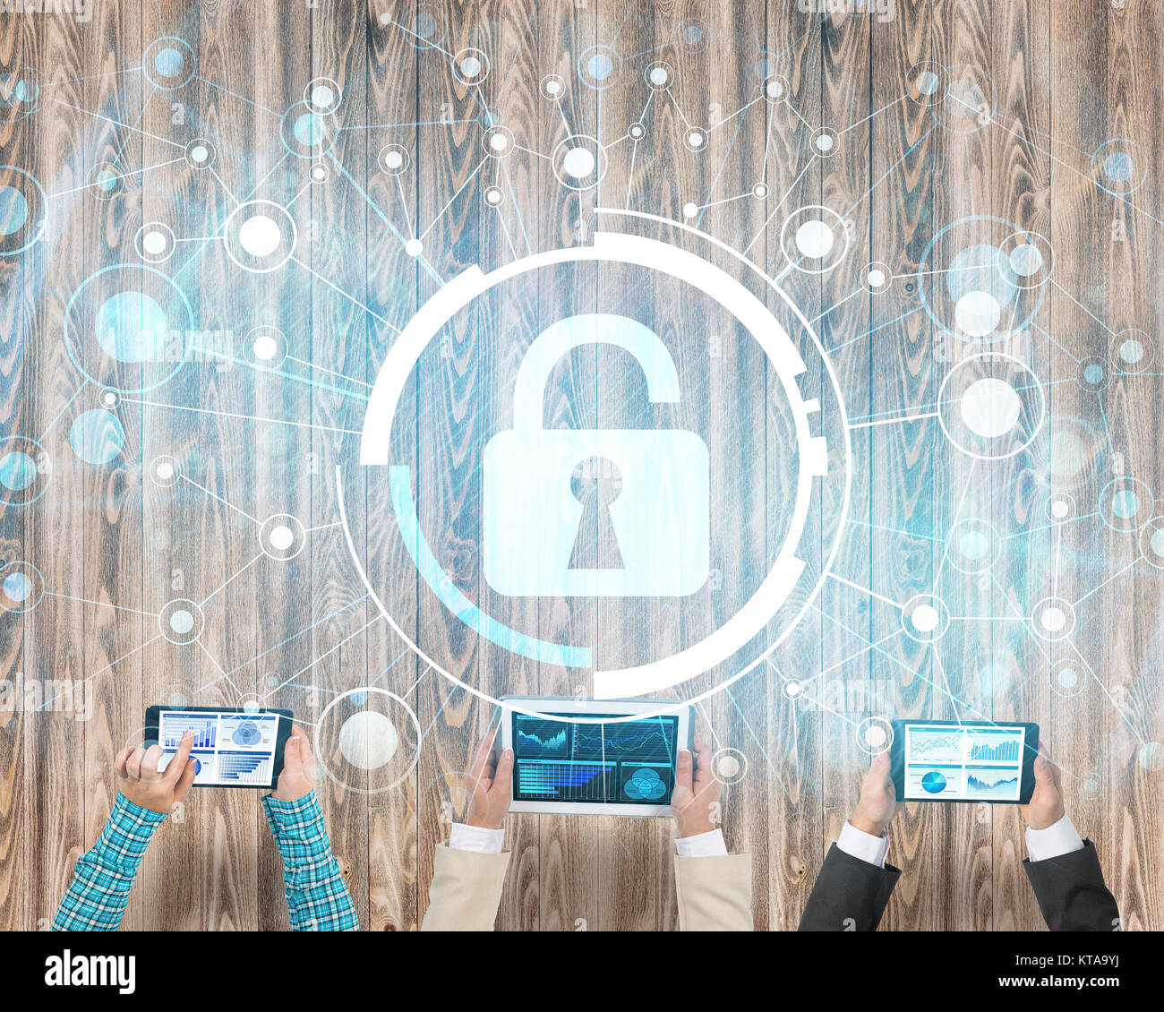 Group of people with devices in hands working together and symbol of ...