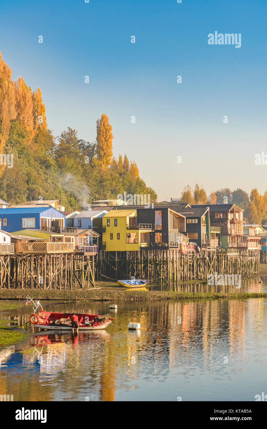 Typical palafito houses at lake in Castro city, Chiloe Island, Chile ...