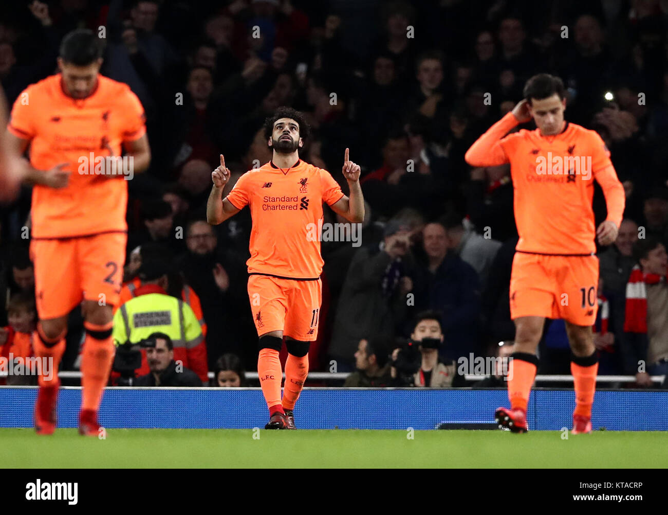 Liverpool's Mohamed Salah celebrates scoring his side's second goal of ...