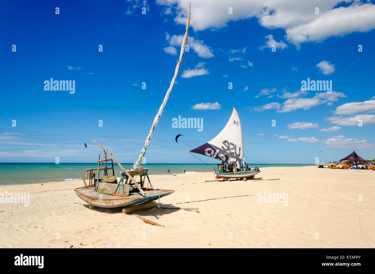 Cumbuco, Brazil, jul 9, 2017: Parked jangada boat over a paradise white ...