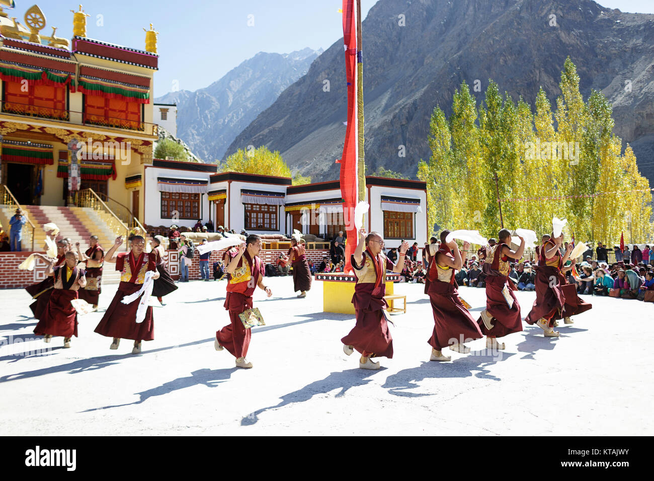 Buddhist monks performs dance at religious ceremony in front of Diskit ...