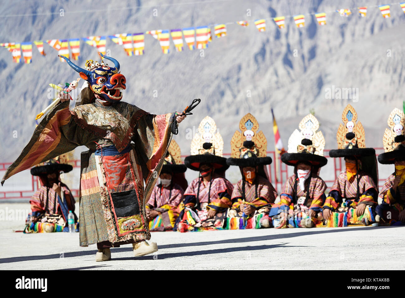 Buddhist monks performs masked dance at religious ceremony, Diskit ...