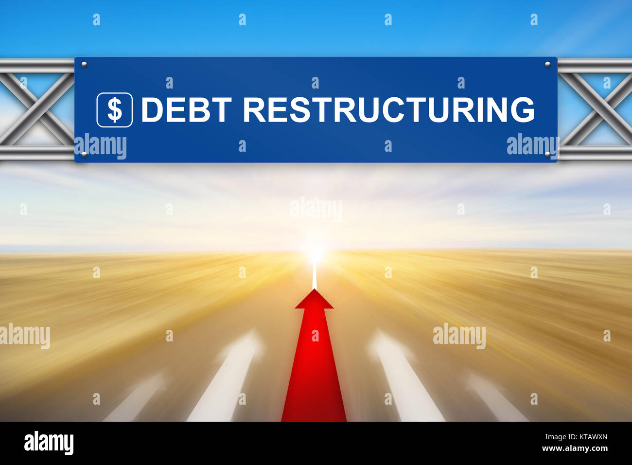 Red arrow and debt restructuring on blue road sign Stock Photo - Alamy