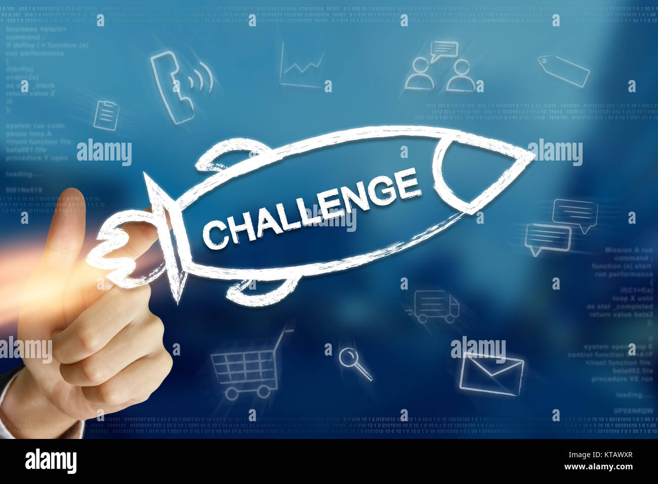 business hand clicking challenge rocket Stock Photo - Alamy