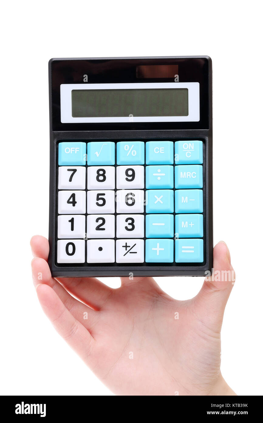 Hand holding calculator on a white background Stock Photo - Alamy