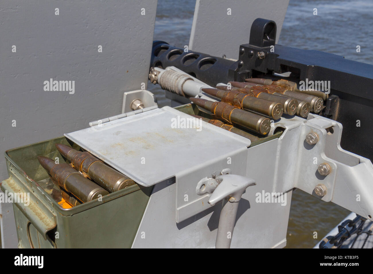 Bullet feeder on a M2 Browning belt-fed machine gun on the USS New ...
